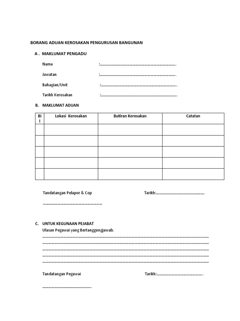 BORANG ADUAN KEROSAKAN PENGURUSAN BANGUNAN (1) | PDF