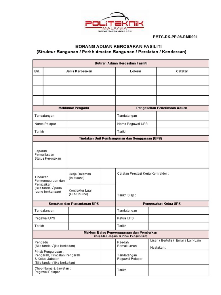 Borang Aduan Kerosakan Fasiliti PMTG | PDF