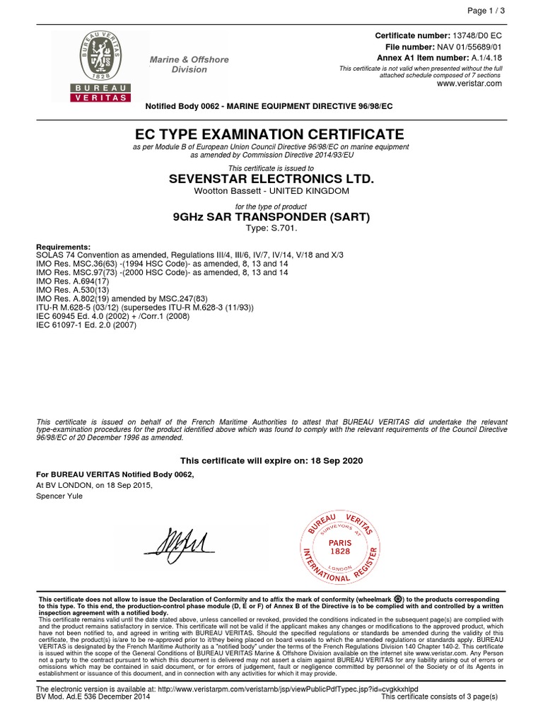 Ec Type Examination Certificate: Sevenstar Electronics LTD | PDF