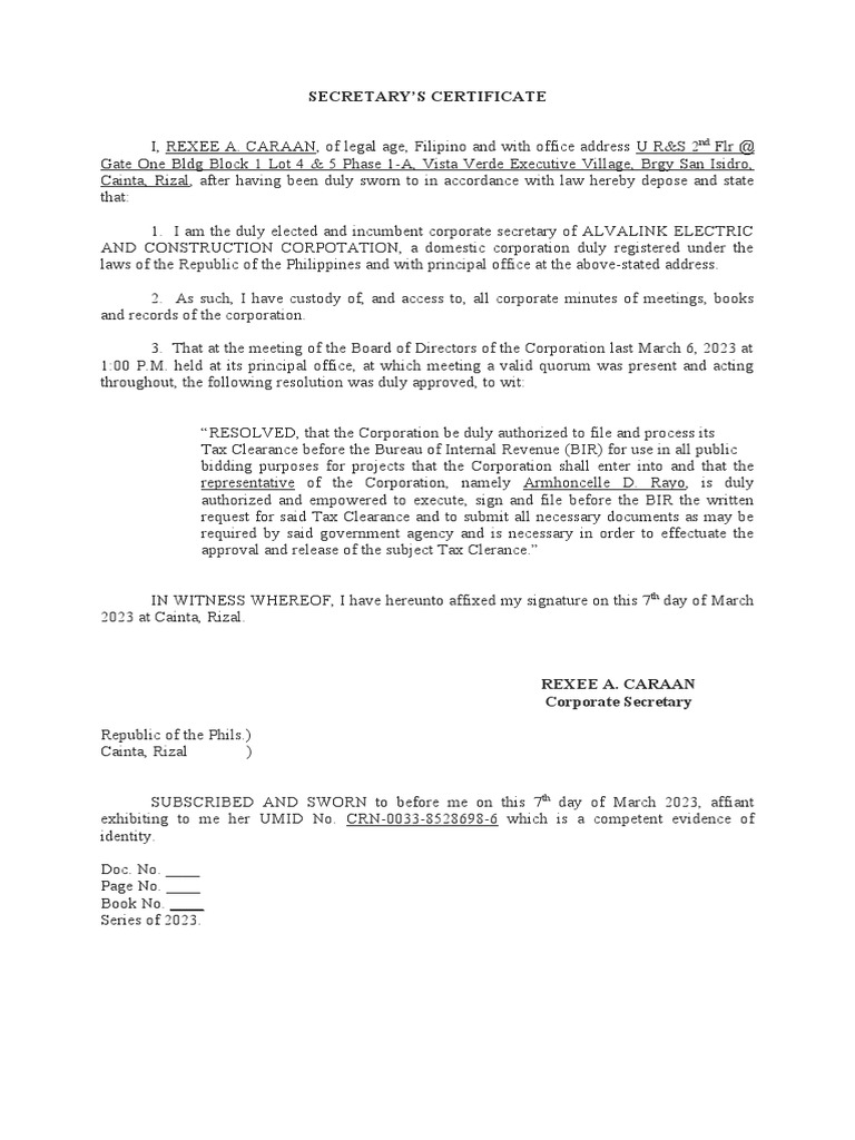 Secretary Certificate - Tax Clearance | PDF