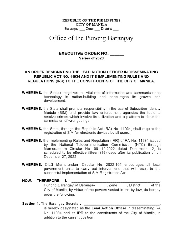 Draft EO Designation of The Barangay Secretary As The Lead Action ...