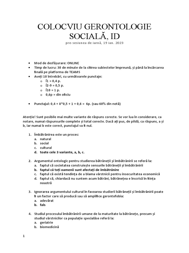 Subiecte - Colocviu Gerontologie Socială | PDF