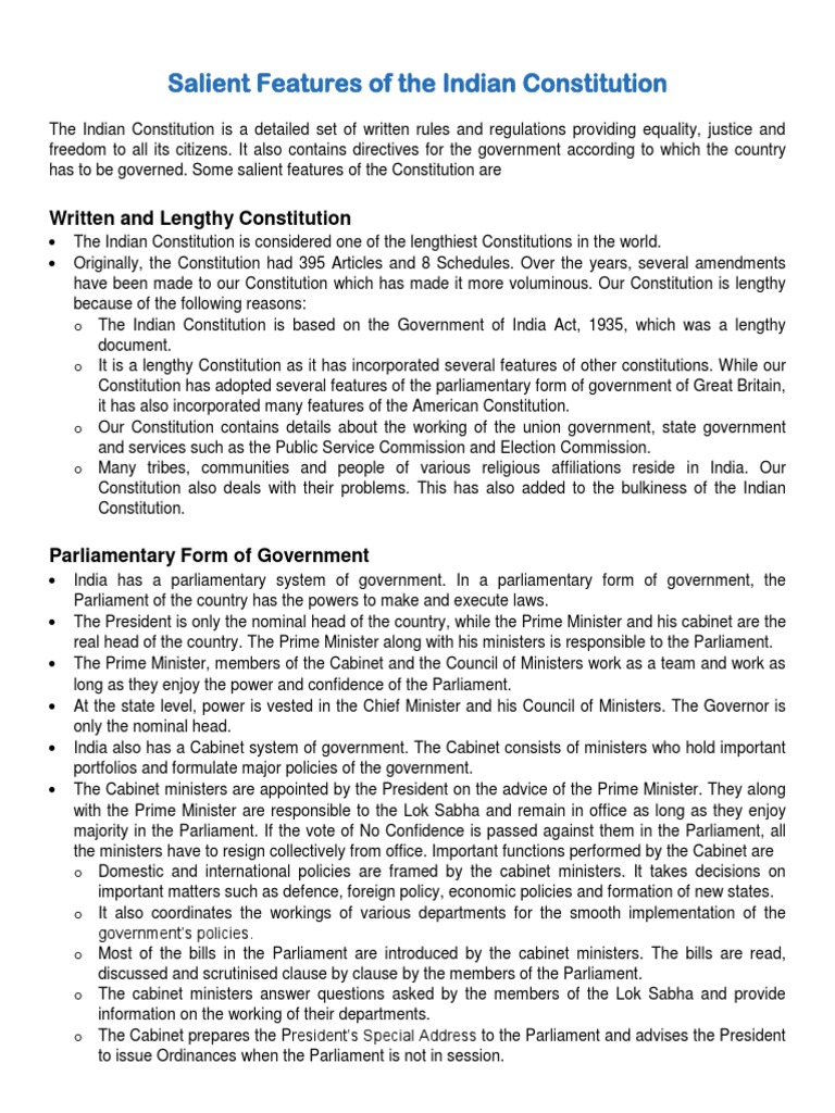 Salient Features of the Indian Constitution | PDF | Cabinet (Government ...