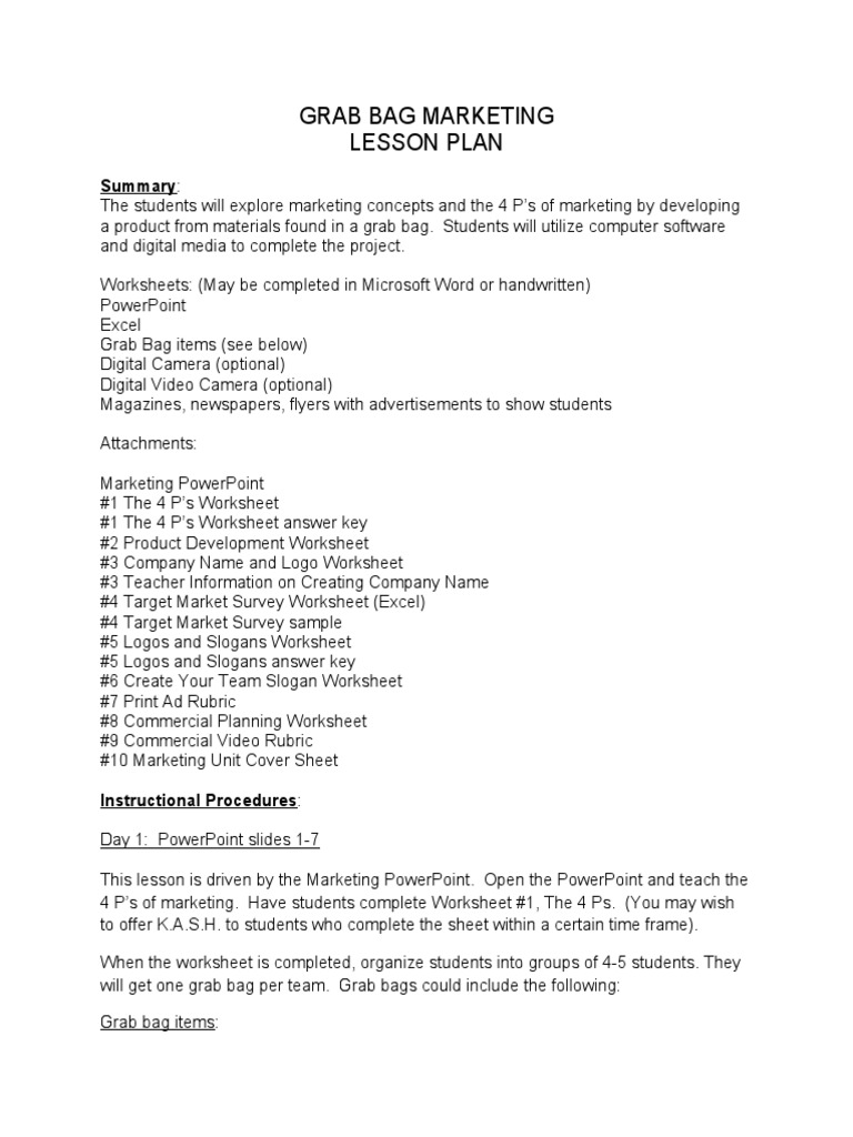 Grab Bag Marketing Lesson Plan | PDF | Worksheet | Microsoft Power Point