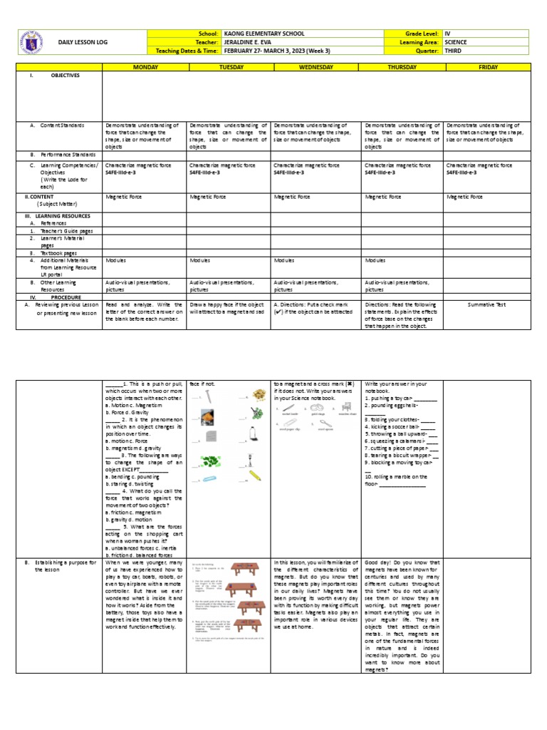 DLL - SCIENCE 4 - Q3 - WEEK 3 Characterize Magnetic Force@edumaymay@lauramos | PDF | Magnet ...