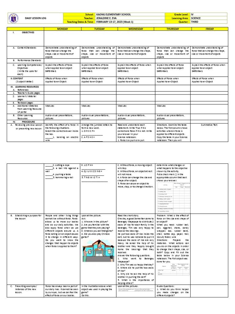DLL - SCIENCE 4 - Q3 - WEEK 1 Explain The Effects of Force@edumaymay@lauramos | PDF | Force ...