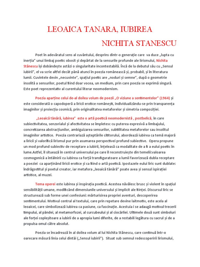 Leoaica Tanara, Iubirea - Nichita Stanescu | PDF