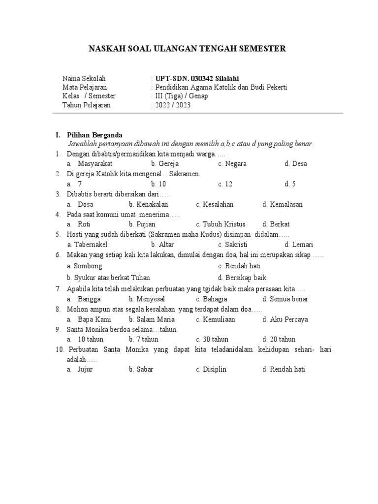 Soal Tegah Semester Kelas Iii | PDF