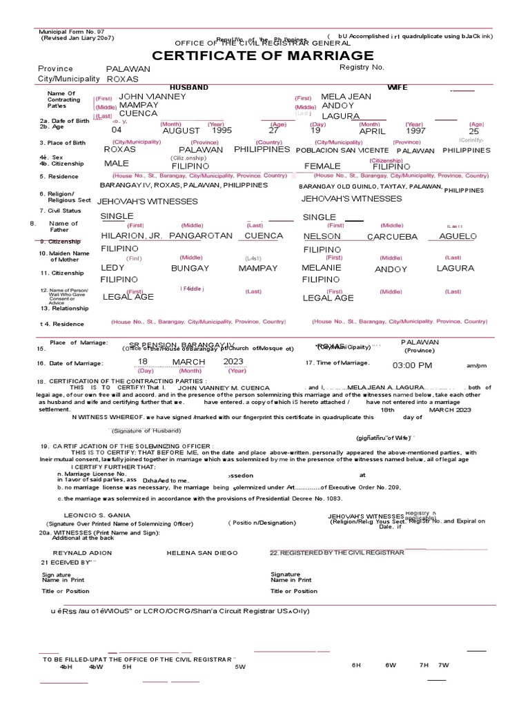 Sample Marriage Certificate Philippines | PDF | Affidavit | Marriage