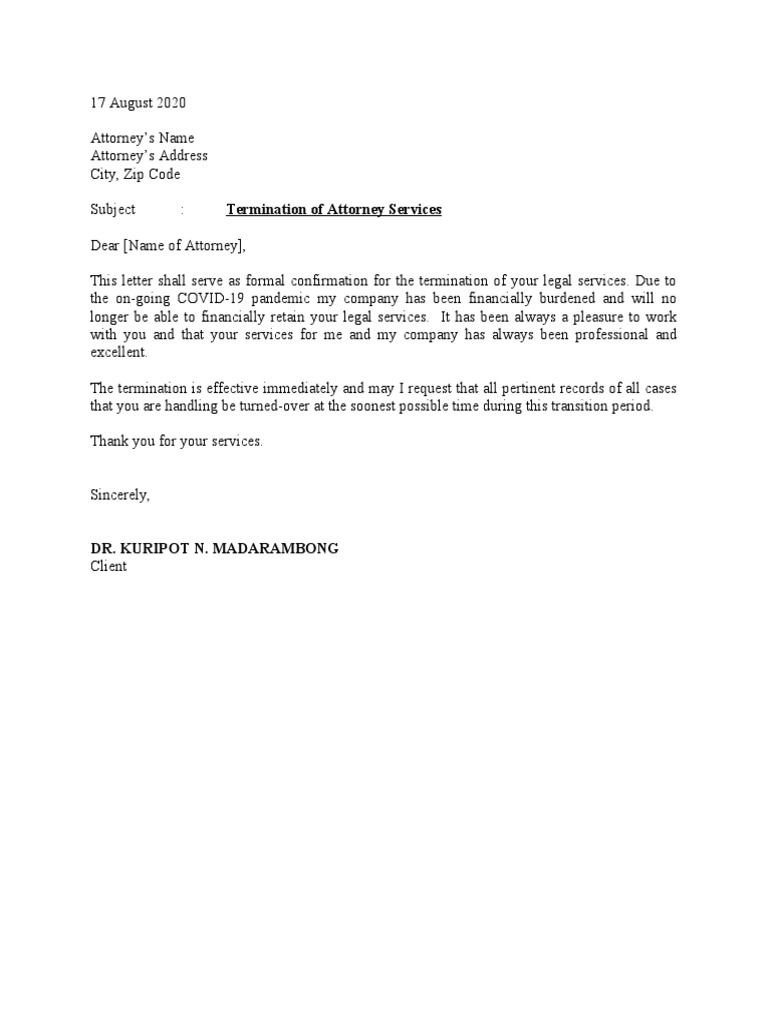Letter of Termination of Counsel - Sample | PDF