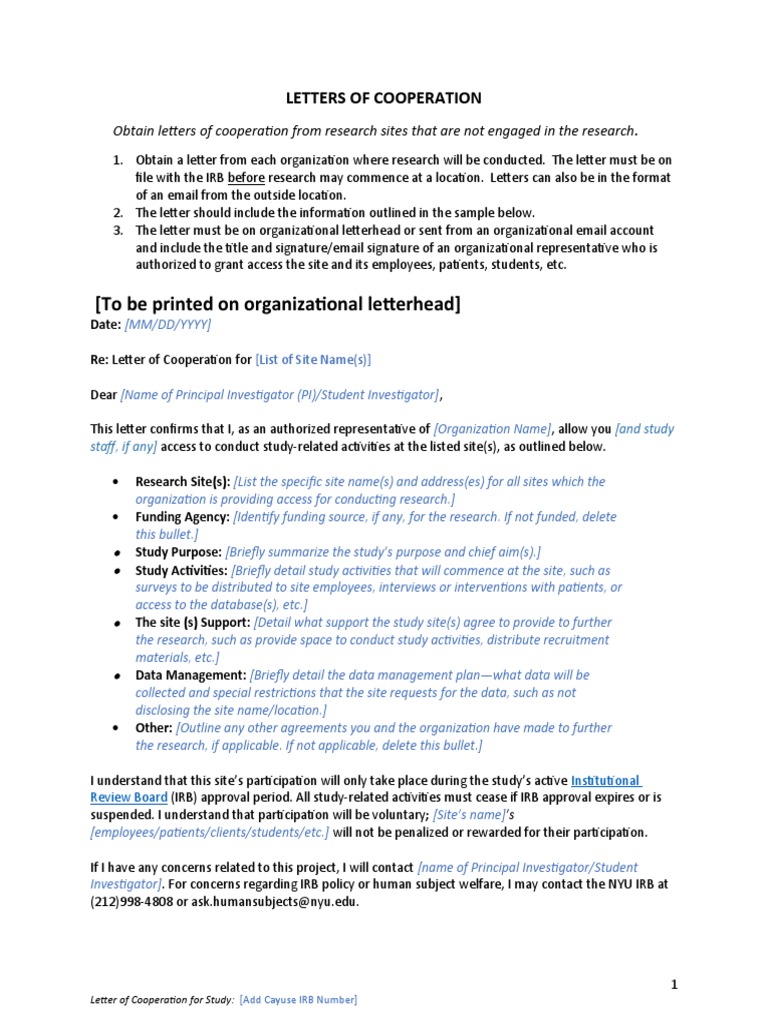 Sample Letter of Cooperation Template | PDF | Institutional Review Board