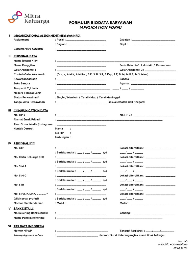 Formulir Biodata Karyawan Mitra Keluarga | PDF