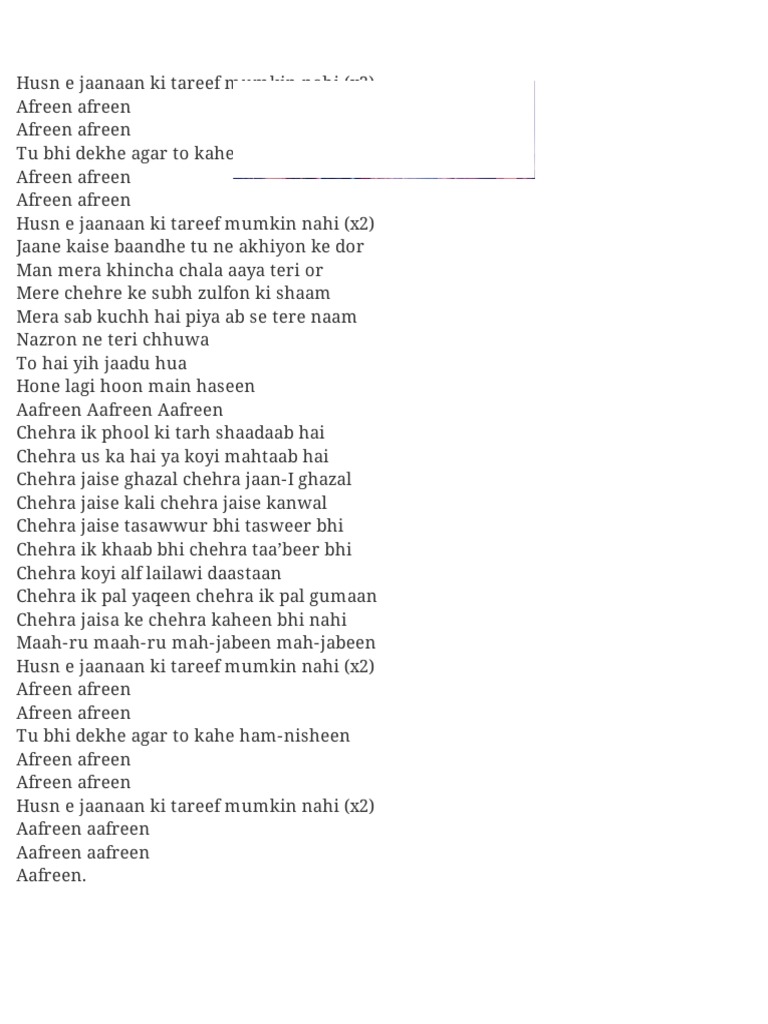 AFREEN AFREEN LYRICS - Rahat Fateh Ali Khan | PDF