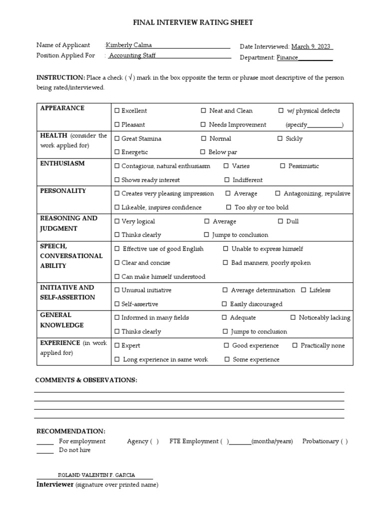 Final Interview Eval Sheet | PDF