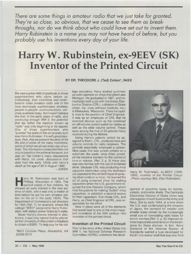 The Inventor of Printed Circuits: Harry W. Rubinstein and his ...