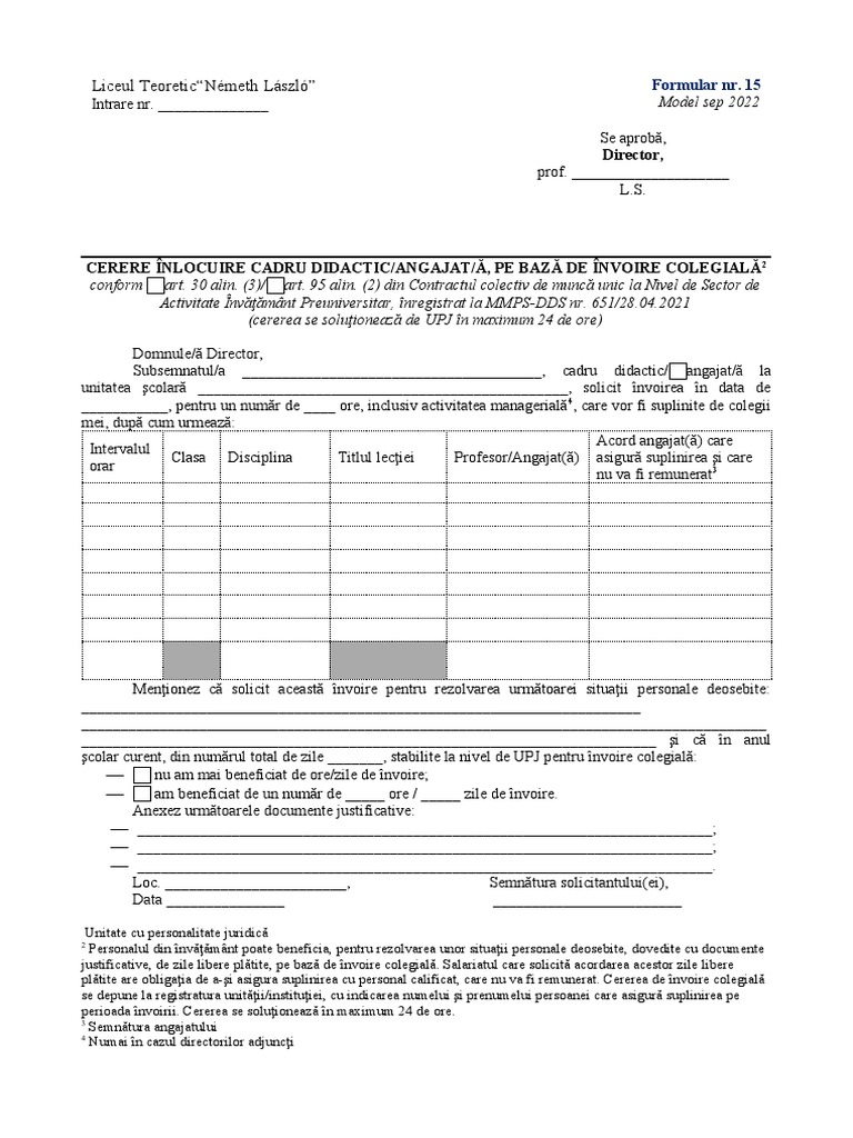 Cerere Invoire Colegiala | PDF