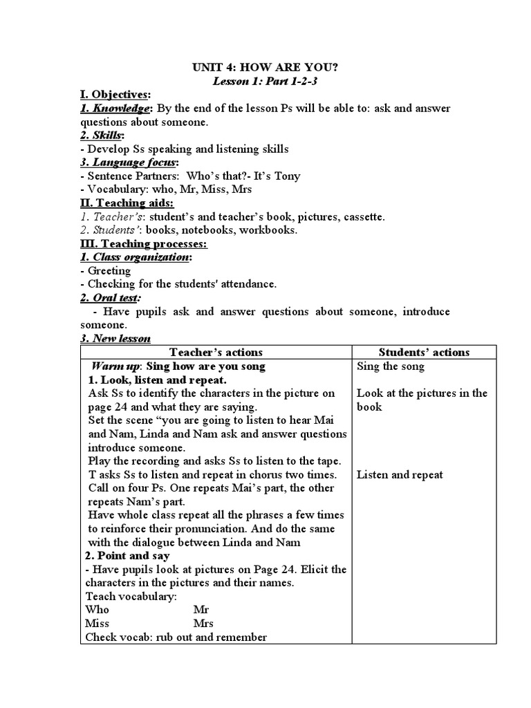 Giao An Tieng Anh 3 Bai 4 Tiet 1 | PDF | Vocabulary | Teachers