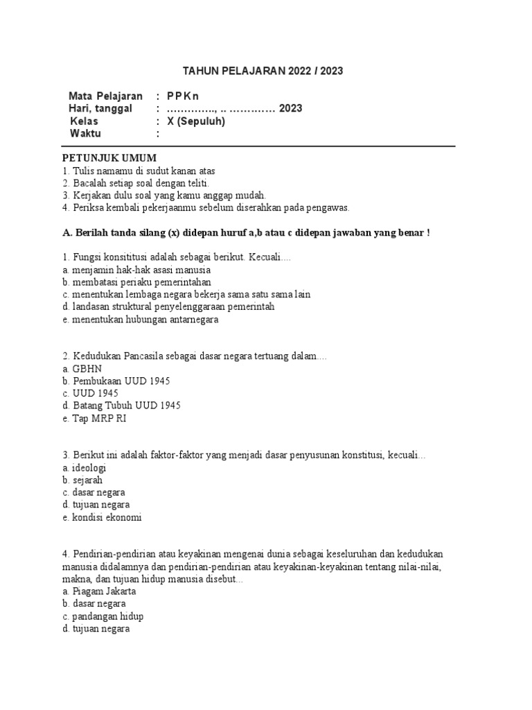 Soal Uts PPKN Kelas 10 Semester 2 | PDF