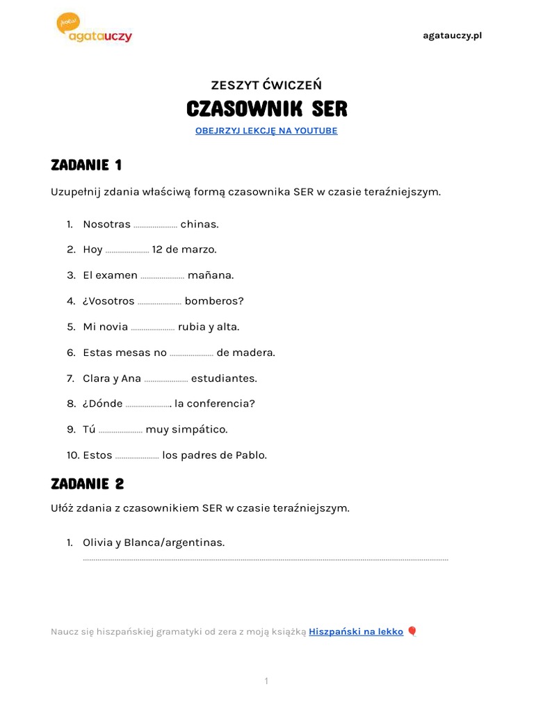 HISZPAŃSKI CZASOWNIK SER Odmiana Użycia Zeszyt Ćwiczeń PDF | PDF