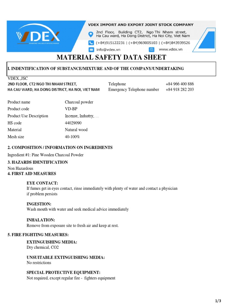 MSDS Charcoal Powder PDF | PDF | Working Conditions | Materials