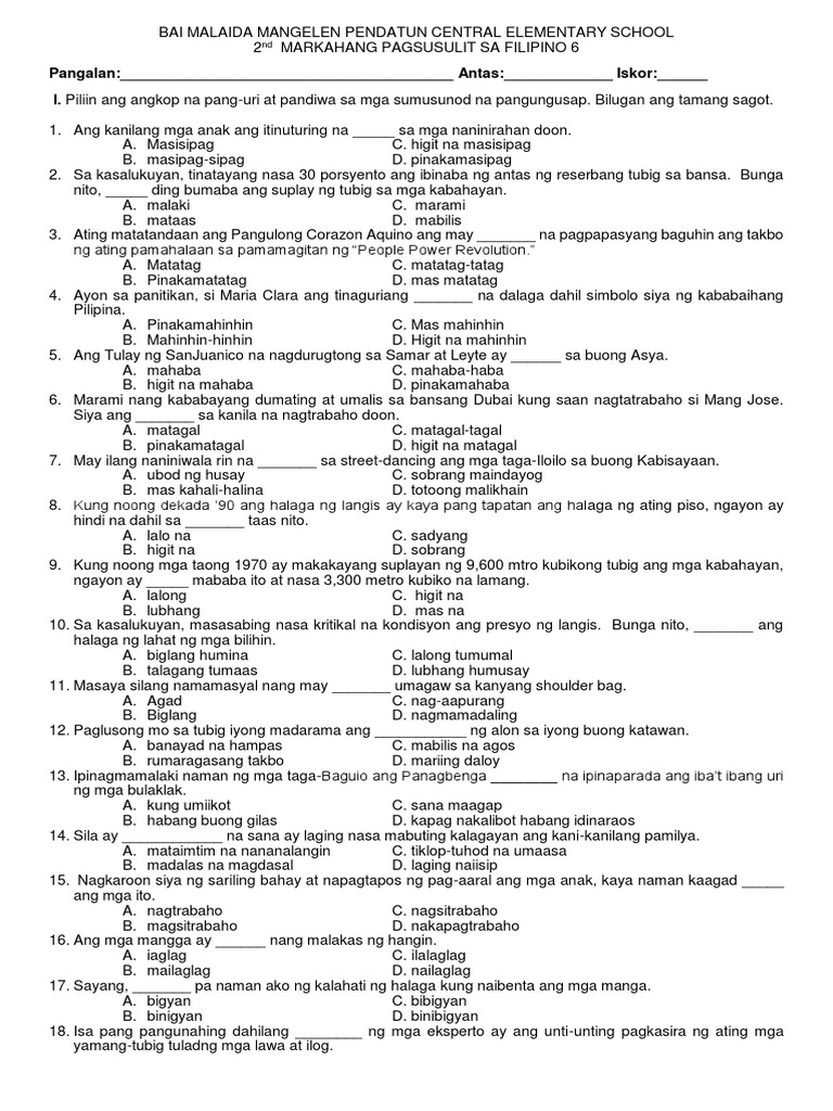 2nd Grading Exam Filipino | PDF