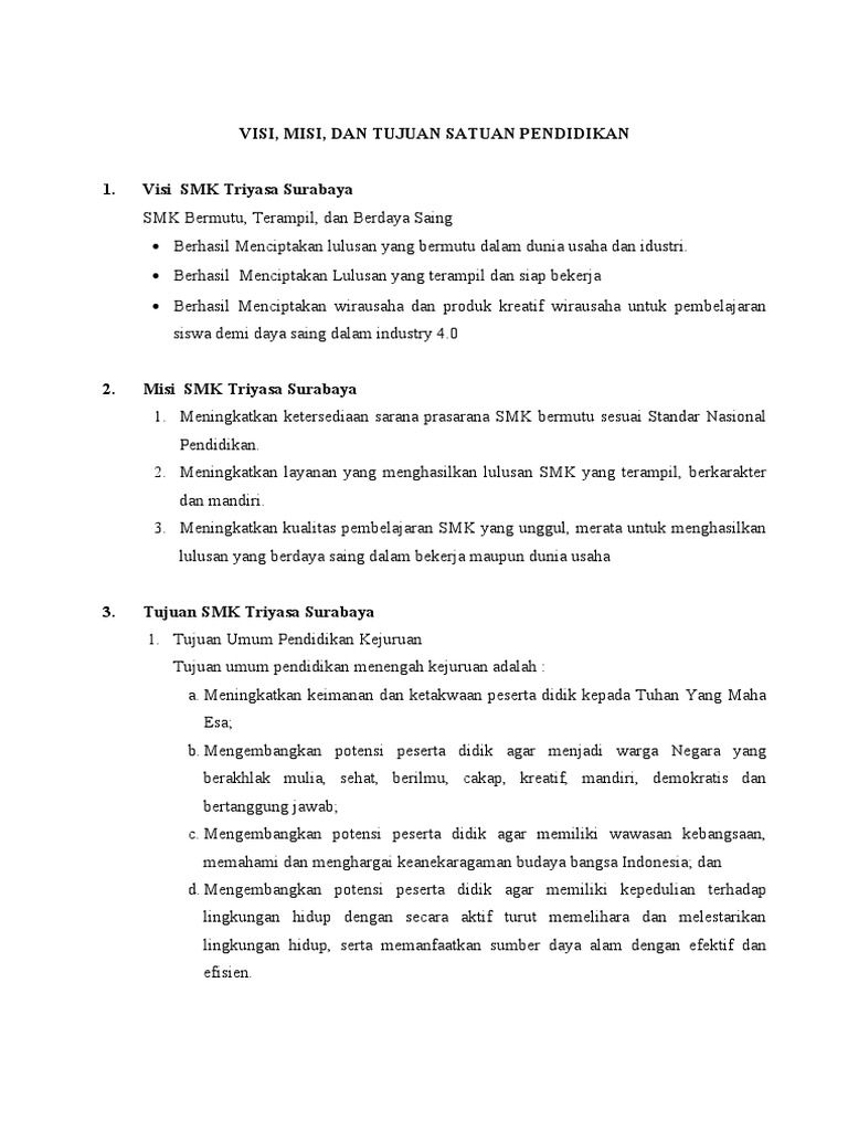 Visi, Misi, Dan Tujuan Satuan Pendidikan KTSP 2022-2023 | PDF