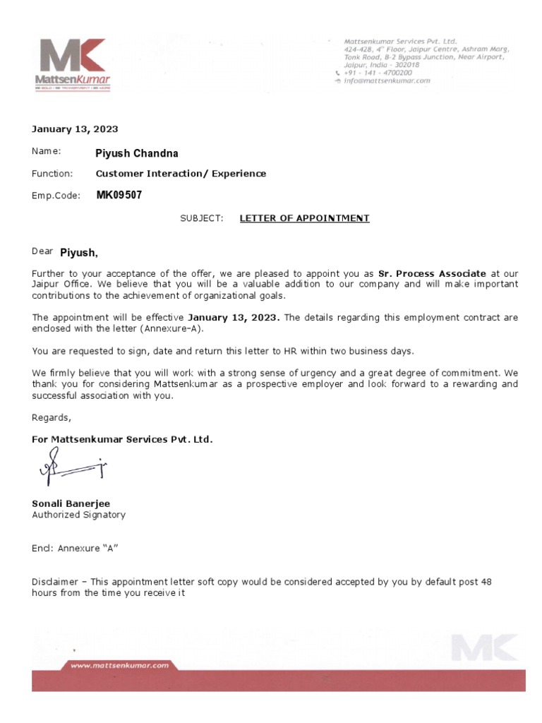 Letter of Appointment and Terms of Employment for Anshuman Singh Rao as ...