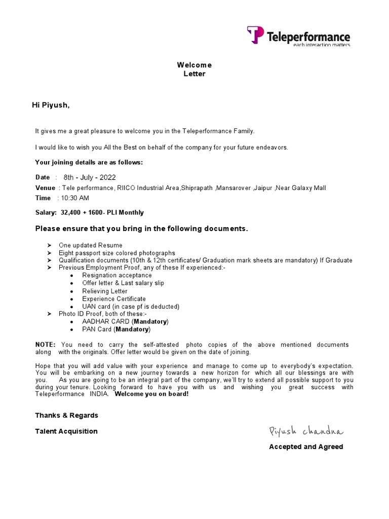 Welcome Letter - TP | PDF