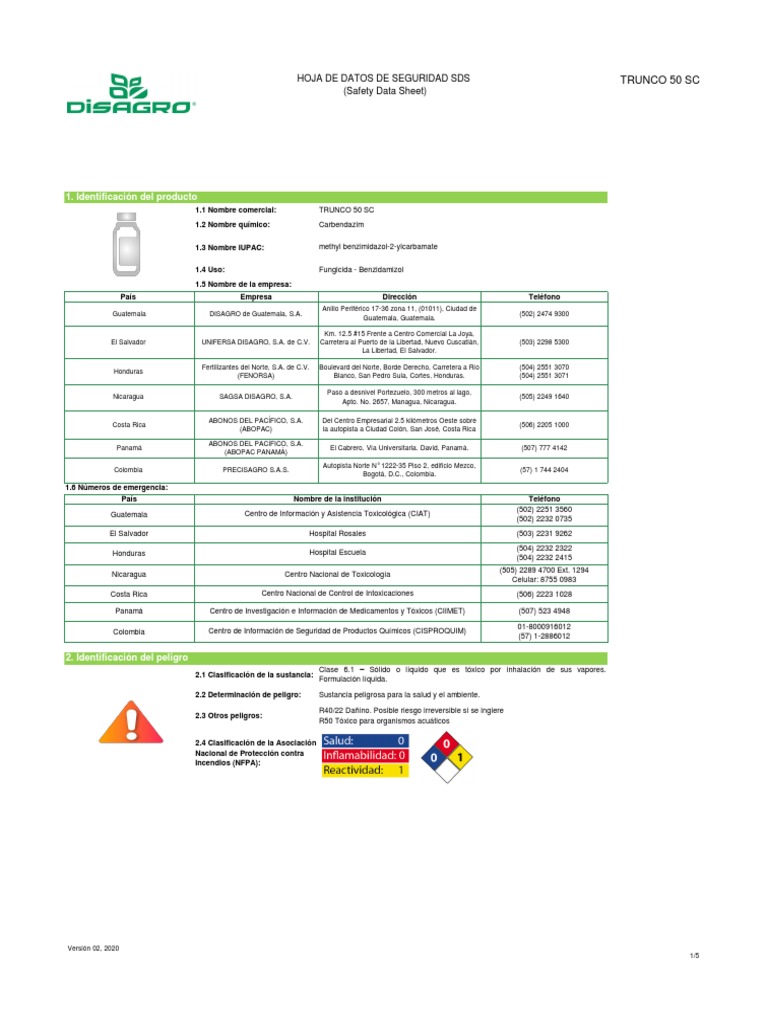Hoja de Seguridad Carbendazim 50 SC | PDF | Residuos | Contaminación