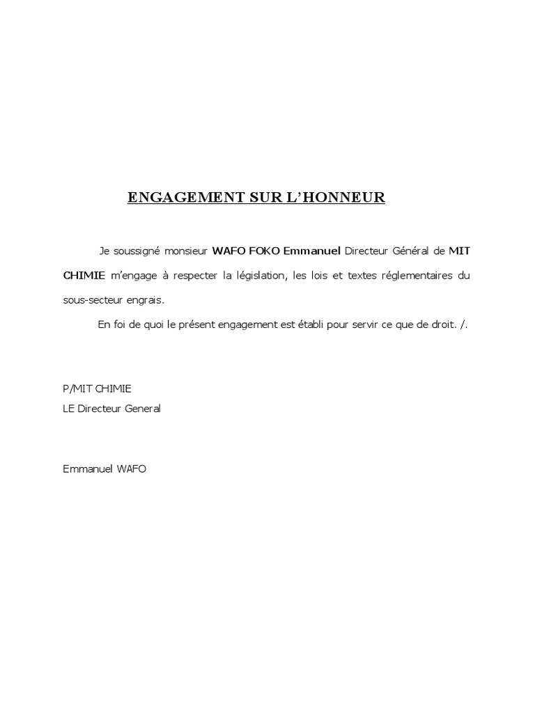 ENGAGEMENT Sur L'honneur | PDF