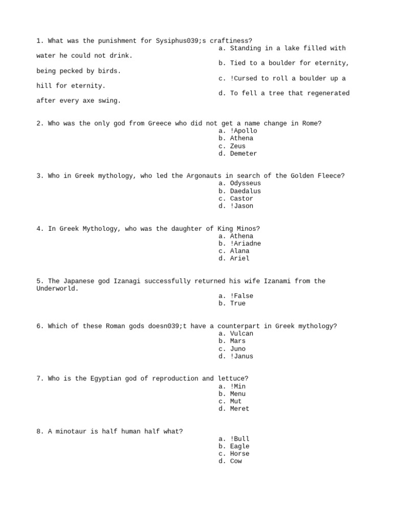Greek and Roman mythology quiz with answers | PDF | Greek Mythology ...
