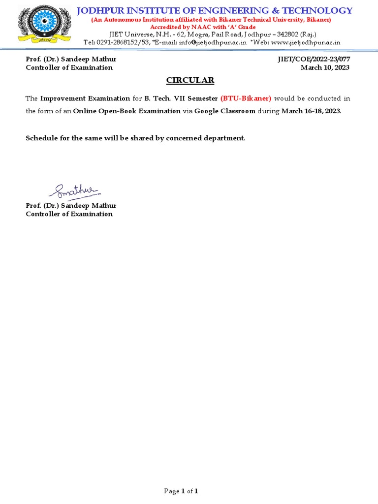 077 - BTU-Improvement Exam. Notice For B. Tech. VII Semester, March-2023 | PDF