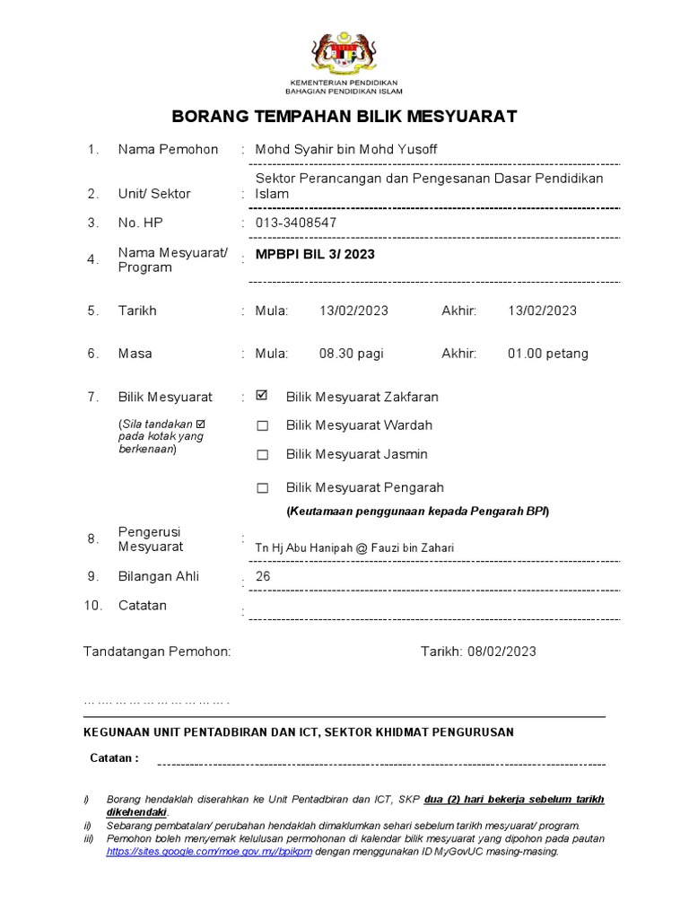 Borang Tempahan Bilik Mesyuarat MPBPI | PDF