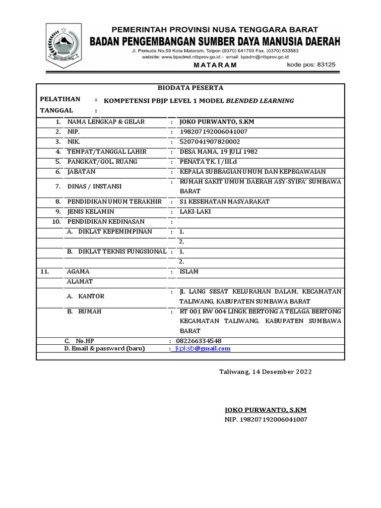 Format Biodata Peserta Diklat PBJ 2022 | PDF