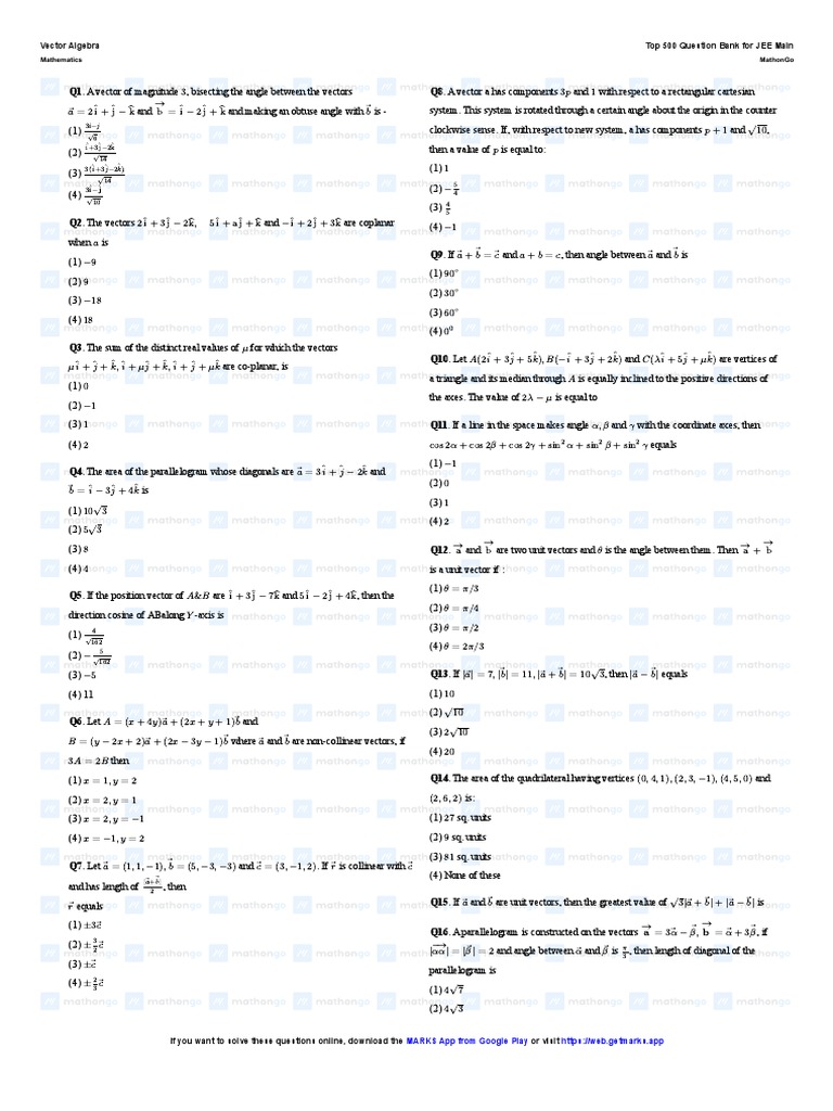 Vector - Top 500 Question Bank For JEE Main by MathonGo PDF | PDF | Euclidean Vector | Angle