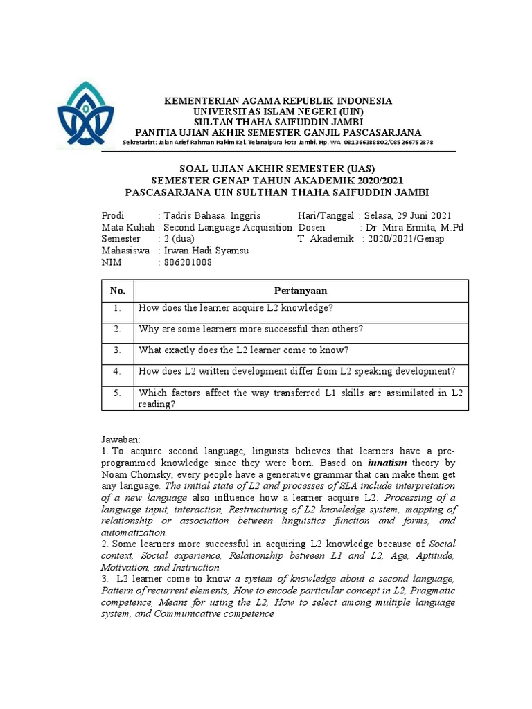 SOAL UAS MK SLA (SMT 2) | PDF | Second Language | Second Language Acquisition