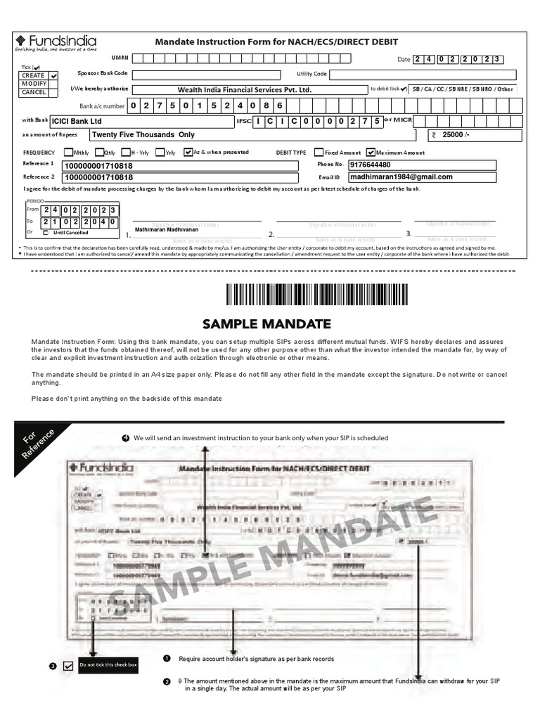 Mandate Instruction Form For NACH/ECS/DIRECT DEBIT: I C I C 0 0 0 0 2 7 5 | PDF | Debit Card | Banks