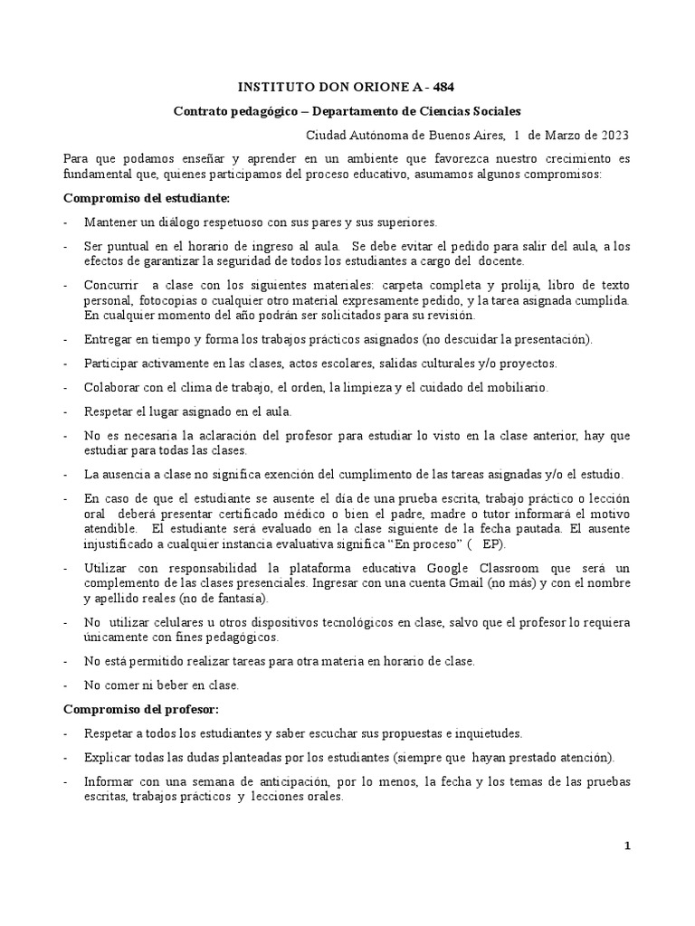 Contrato Pedagogico 2023 - Don Orione PDF | PDF | Maestros | Salón de ...