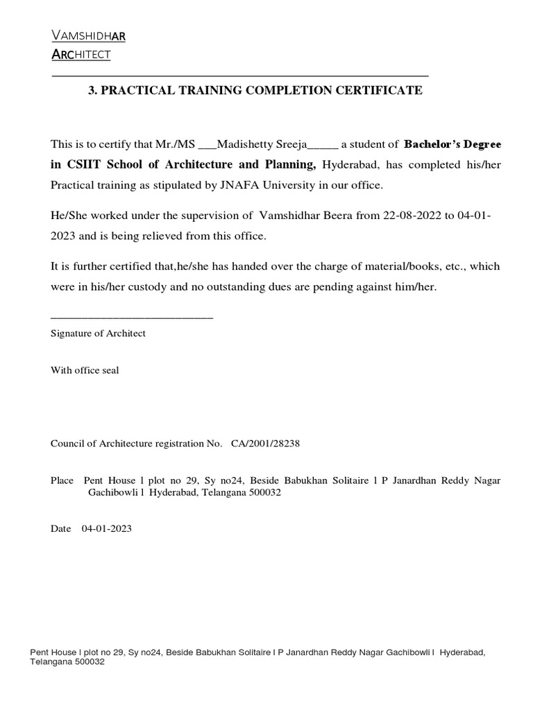 Practical Training Completion Certificate | PDF