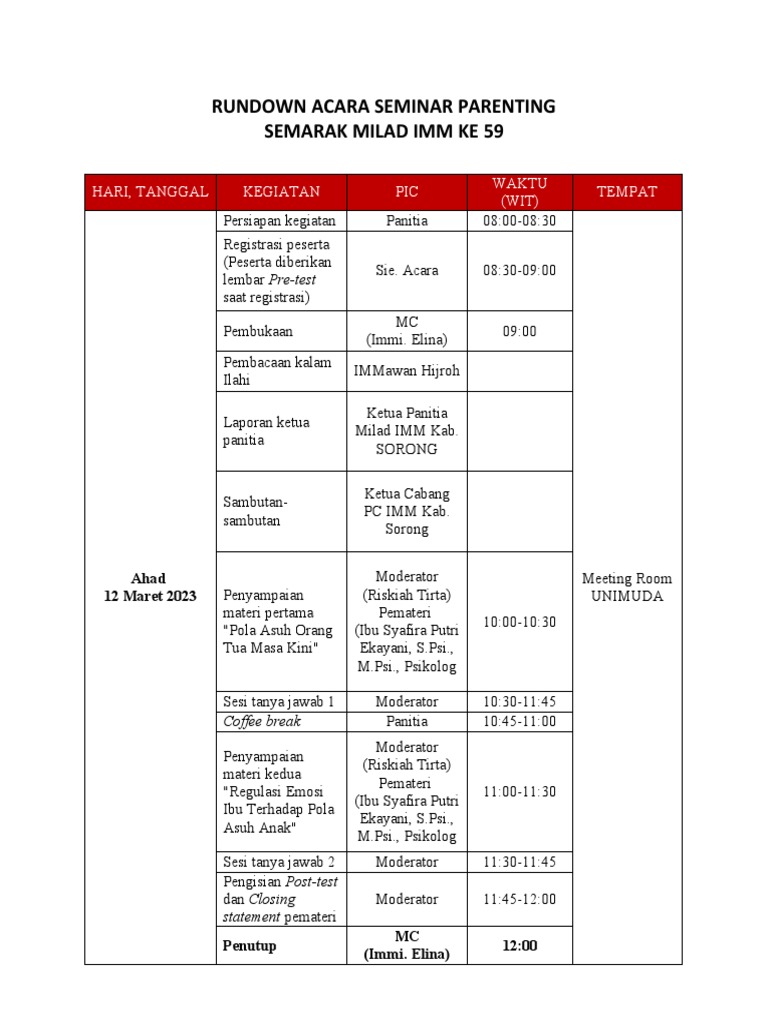 Rundown Acara Seminar Parenting Imm | PDF