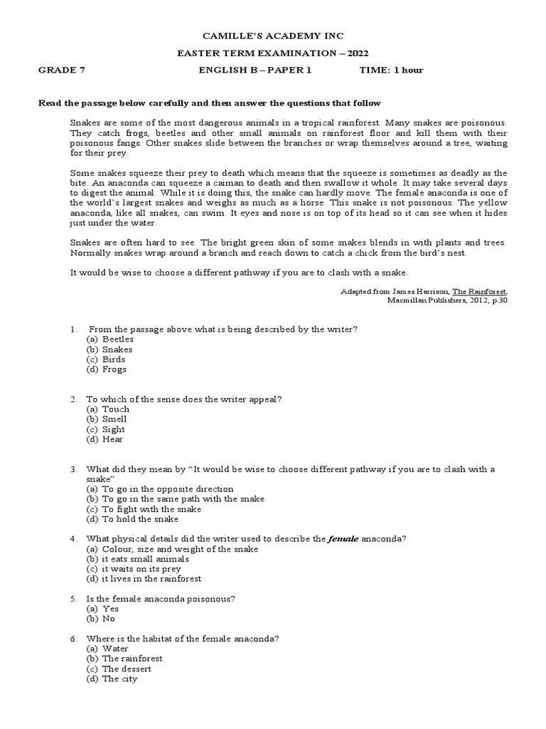 Grade 7 English B - Paper 1 | PDF | Snake | Poetry