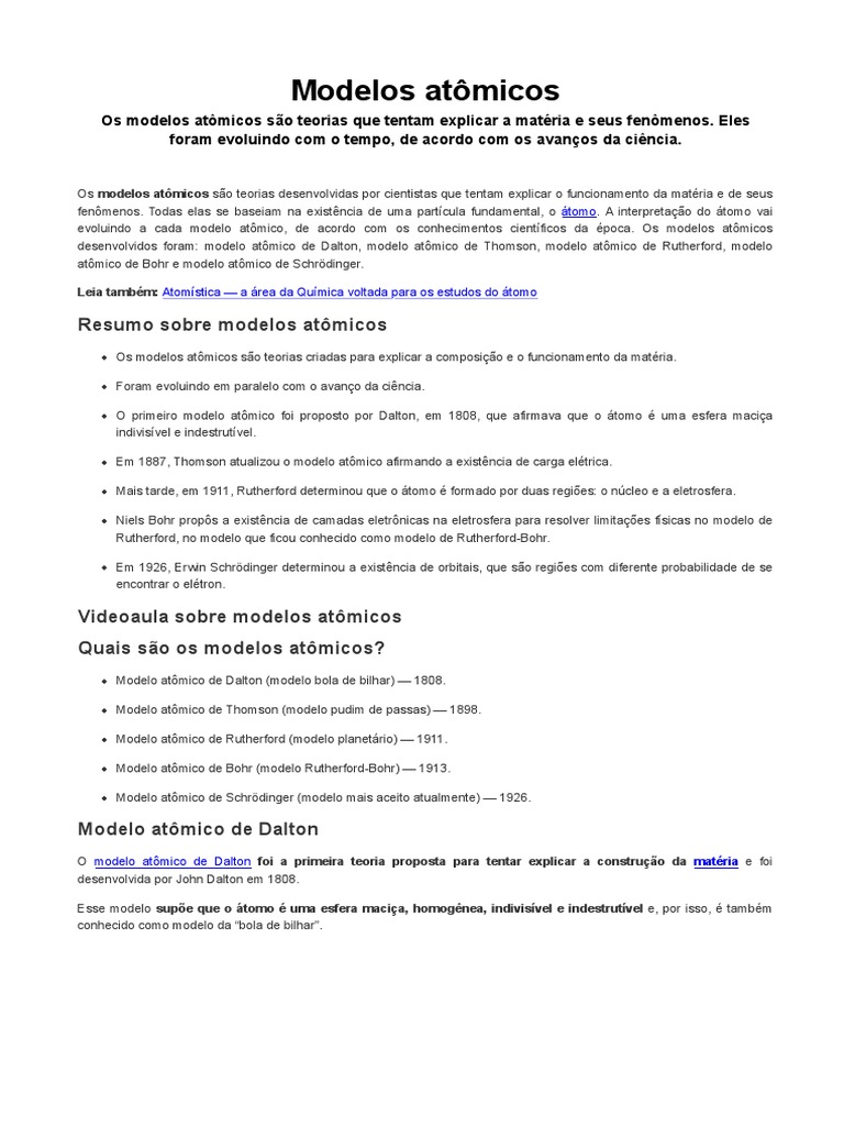 Modelos Atômicos - Quais São, História, Resumo - Brasil Escola PDF ...