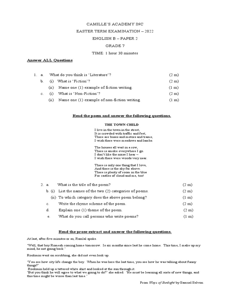 Grade 7 English B - Paper 2 | PDF | Poetry