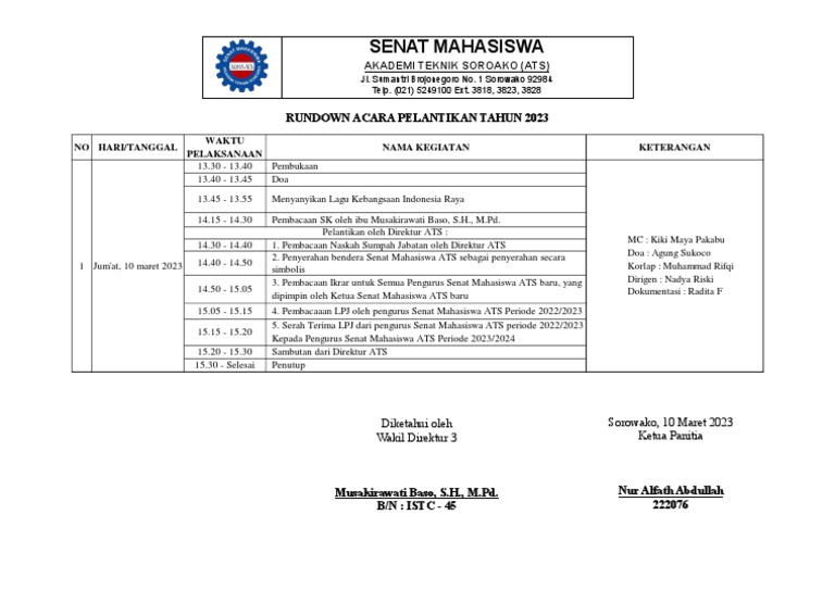 Rundown Acara Pelantikan Tahun 2023 PDF | PDF