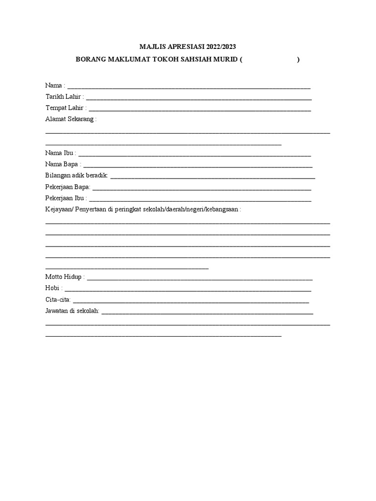 BORANG BIODATA TOKOH SAHSIAH MURID MAJLIS APRESIASI 202223 | PDF