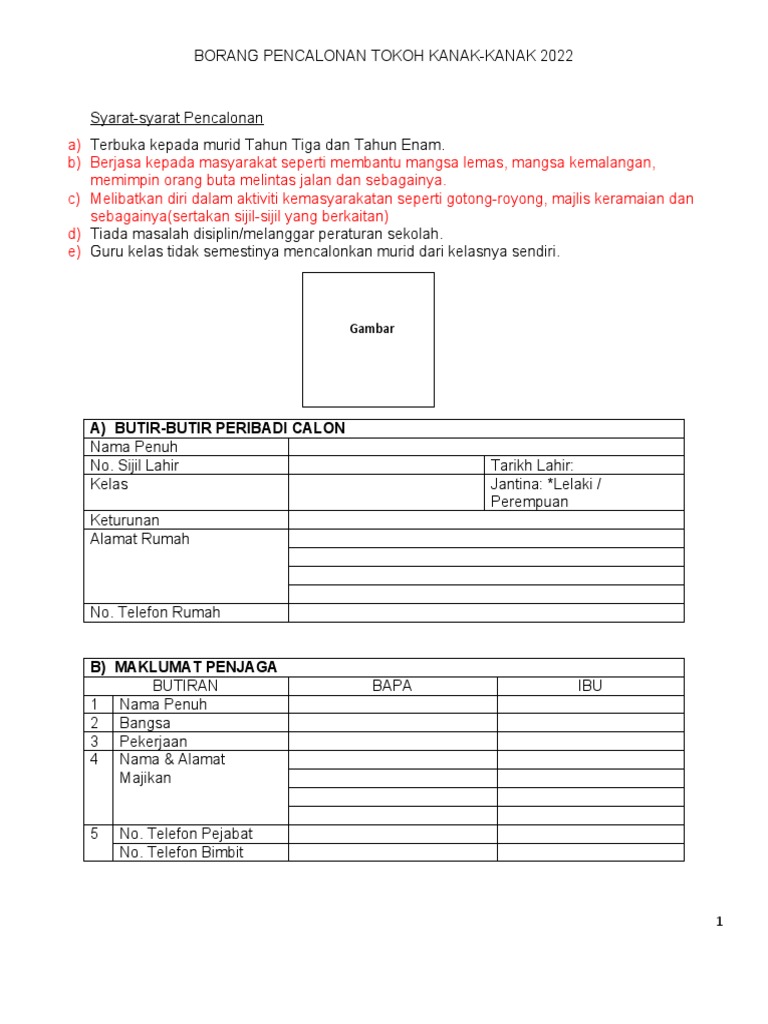 Borang Calon Tokoh Murid | PDF