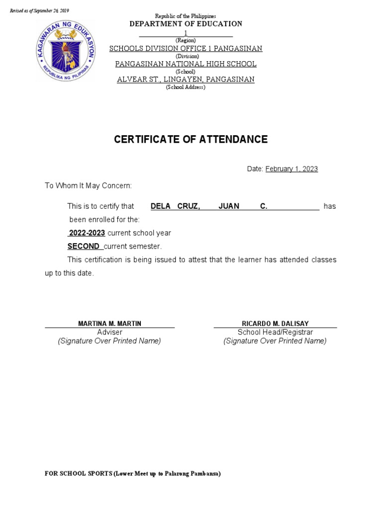 Certificate of Attendance For SHS | PDF