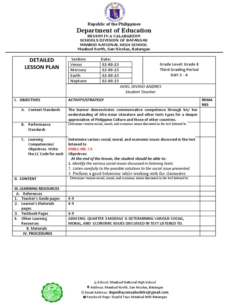 Social Issues Lesson Plan for Grade 8 | PDF | Learning | Facebook