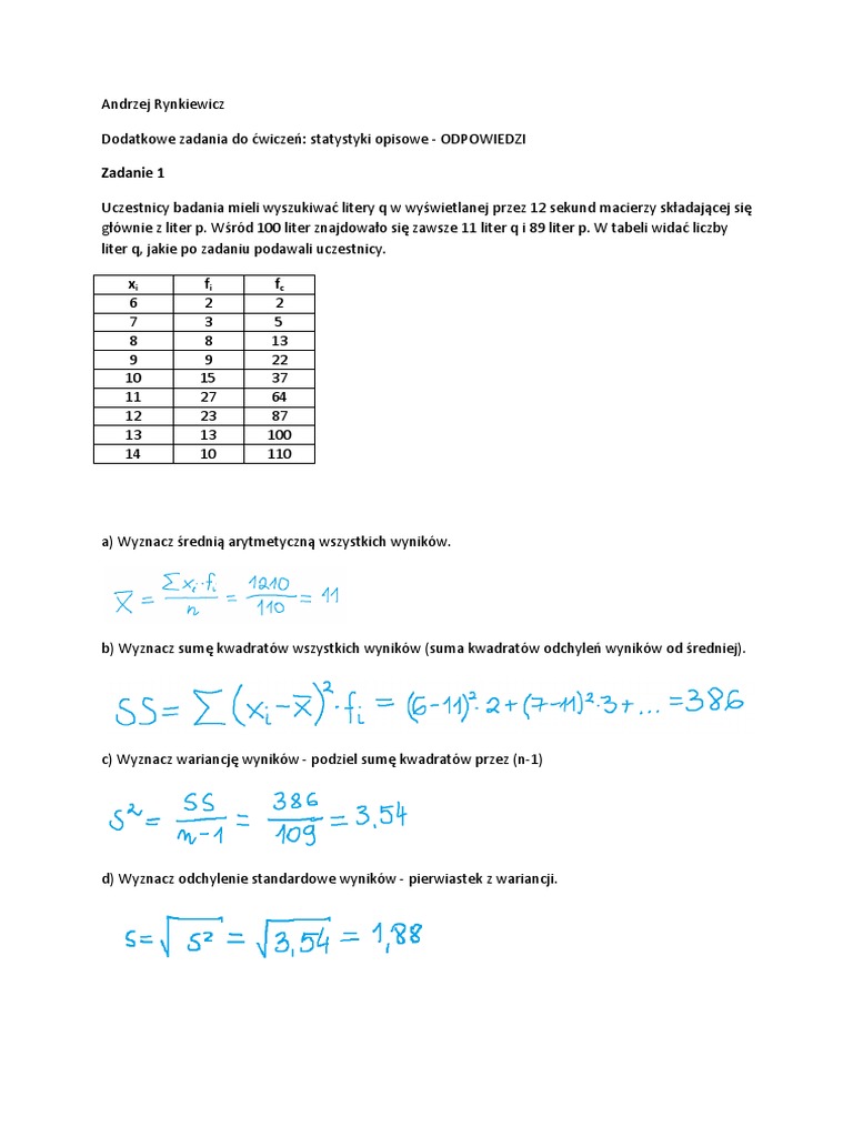 Zadania Dodatkowe Do Cwiczen - Statystyka Opisowa - Odpowiedzi | PDF
