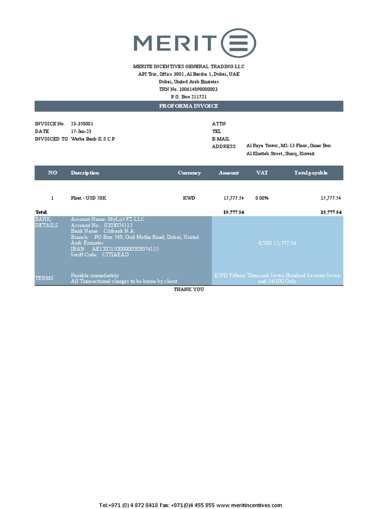 23-350001 Merit - Warba Invoice | Download Free PDF | United Arab ...